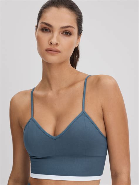 Reiss The Upside V Neck Sports Bra In Blue Reiss