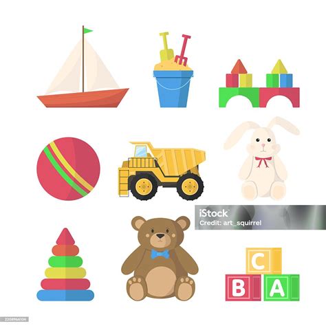 어린이 장난감의 아이콘 세트입니다 다양한 연령대의 어린이를 위한 플라스틱 및 부드러운 장난감 0명에 대한 스톡 벡터 아트 및 기타 이미지 Istock