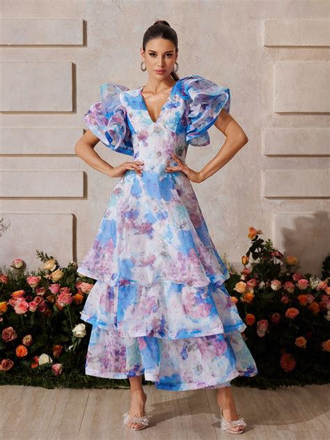 Rivyn V Neck Floral Printed Maxi Dress In Blue Mew Mews