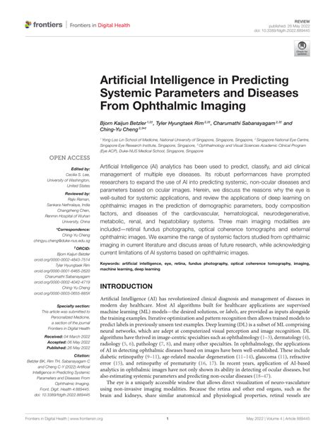 Pdf Artificial Intelligence In Predicting Systemic Parameters And Diseases From Ophthalmic Imaging