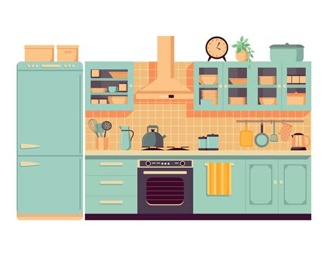 Cute Kitchen Interior In Flat Style All Objects Are Repainted