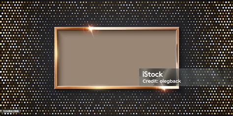 하프톤 배경에 그림을 위한 황금 직사각형 프레임 사진 그림 카드 또는 사진을 위한 빈 공간입니다 3d 사실적인 현대 템플릿 벡터 일러스트레이션 벽에 간단한 금 물체 0명에