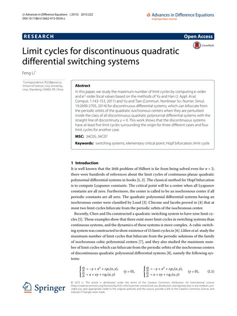 Pdf Limit Cycles For Discontinuous Quadratic Differential Switching