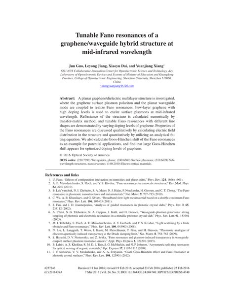 Pdf Tunable Fano Resonances Of A Graphenewaveguide Hybrid Structure At Mid Infrared Wavelength