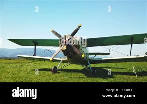 Russian Antonov An 2 On Grass Airfield Vintage Soviet Propeller Airplane Stock Video Footage
