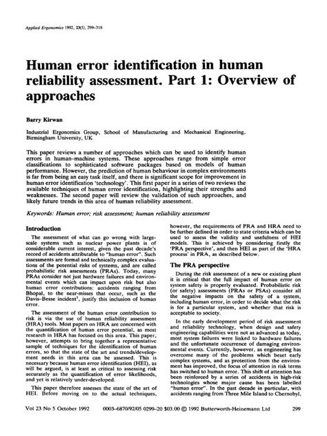 Human Error Identification In Human Reliability Assessment Part 1 Overview Of Approaches Pdf