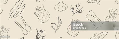 손으로 그린 허브와 야채 완벽 한 패턴 유기 식물의 스케치 그림 벡터 일러스트 레이 션 건강관리와 의술에 대한 스톡 벡터 아트 및 기타 이미지 건강관리와 의술 건강한