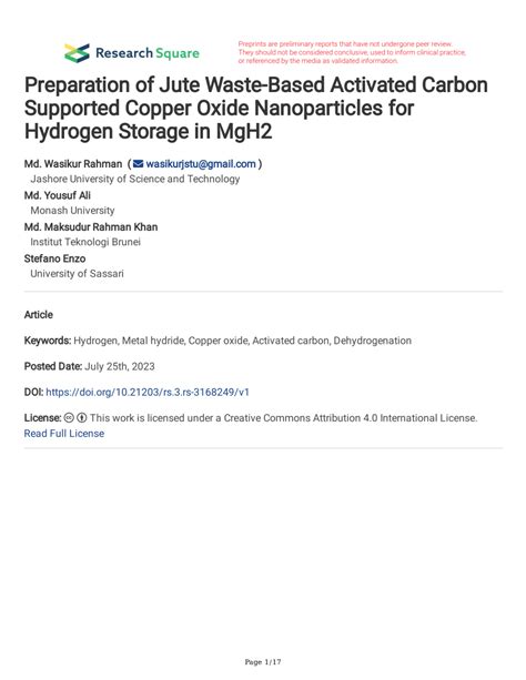 (PDF) Preparation of Jute Waste-Based Activated Carbon Supported Copper ...