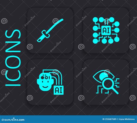 Set Eye Scan Katana Neural Network And Humanoid Robot Icon Black Square Button Vector Stock