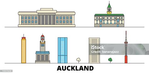 뉴질랜드 오클랜드 플랫 랜드마크 벡터 일러스트입니다 뉴질랜드 오클랜드 라인 도시 유명한 여행 명소 스카이라인 디자인 도시에 대한