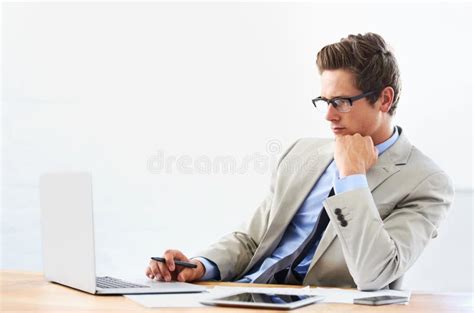 Business Man Computer And Thinking Of Stock Market Research Trading Solution And Choice Or