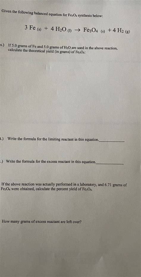 Solved Given The Following Balanced Equation For Fe 04