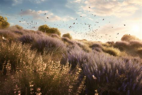 Fields Of Purple Rosemary Exude Serenity And Life Generative Ia Stock Illustration