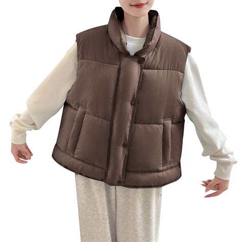 Xdegoge Puffer Vest Womens Oversized Zip Up Button Down Stand Collar