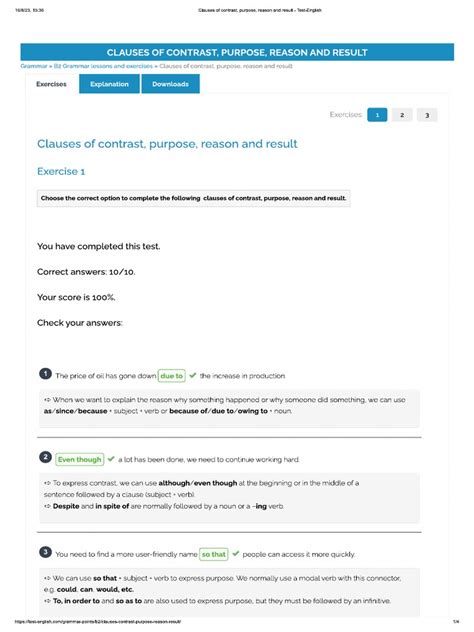 Clauses Of Contrast Purpose Reason And Result Test English Pdf
