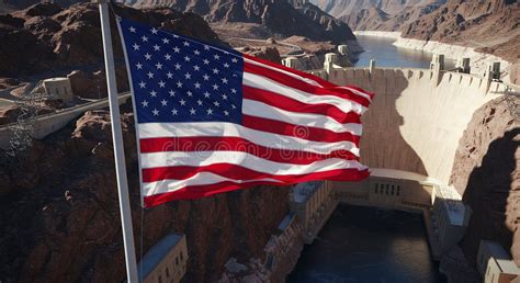 American Flag Proudly Waving Before Hoover Dam Symbol Of Ingenuity
