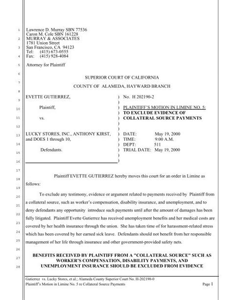 In Limine Motion To Exclude Collateral Source Evidence California