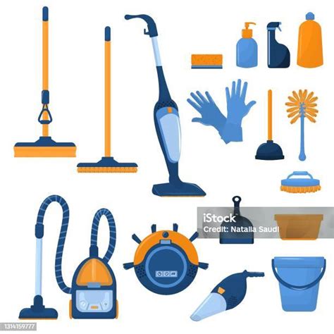 다양한 유형의 진공 청소기 걸레 및 세제로 청소하는 주제에 대한 벡터 그림 청소 도구 세트 가구에 대한 스톡 벡터 아트 및 기타