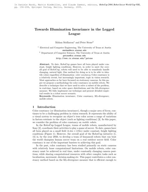 Pdf Towards Illumination Invariance In The Legged League