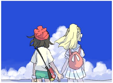 Safebooru 2girls Backpack Bag Beanie Black Hair Blonde Hair Clouds