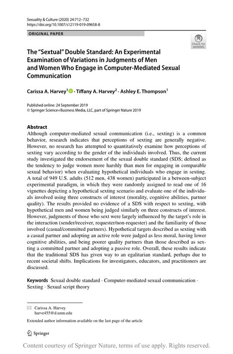 The Sextual Double Standard An Experimental Examination Of Variations In Judgments Of Men And