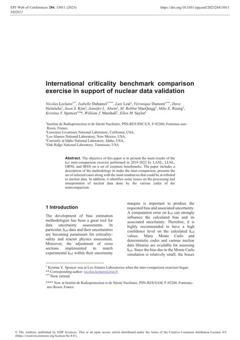 Pdf International Criticality Benchmark Comparison Exercise In Support Of Nuclear Data Validation