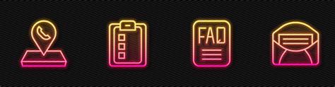 라인 Faq 정보 콜센터 위치 온라인 퀴즈 테스트 설문 조사 및 메일 및 이메일을 설정합니다 빛나는 네온 아이콘입니다 벡터 개념에 대한 스톡 벡터 아트 및 기타 이미지