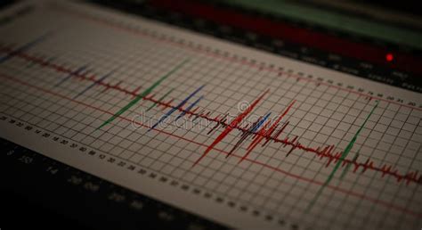 Seismograph Record With Earthquake Activity Showing Green Blue And Red Waveform Graph On Paper