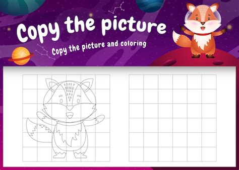 우주 은하에서 귀여운 여우와 함께 그림 어린이 게임 및 색칠 공부 페이지를 복사하십시오 프리미엄 벡터