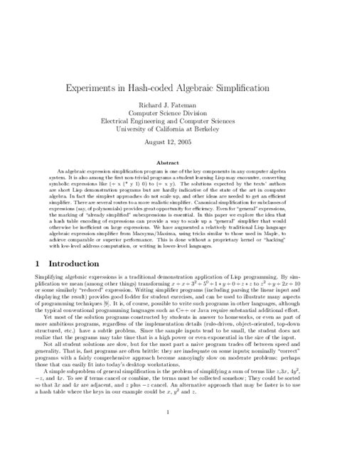 pdf experiments in hash coded algebraic simplification