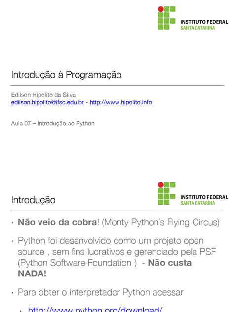 Introdução A Programação Aula 07 Introdução Ao Python Pdf Python Linguagem De