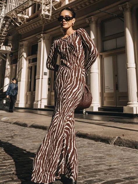 Dressbetty 2024 Vintage Zebra Print Sexy Long Sleeve Party Maxi Dress