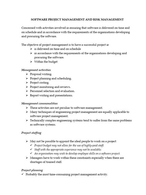 Lecture 12 Software Project Managementand And Risk Management Notes