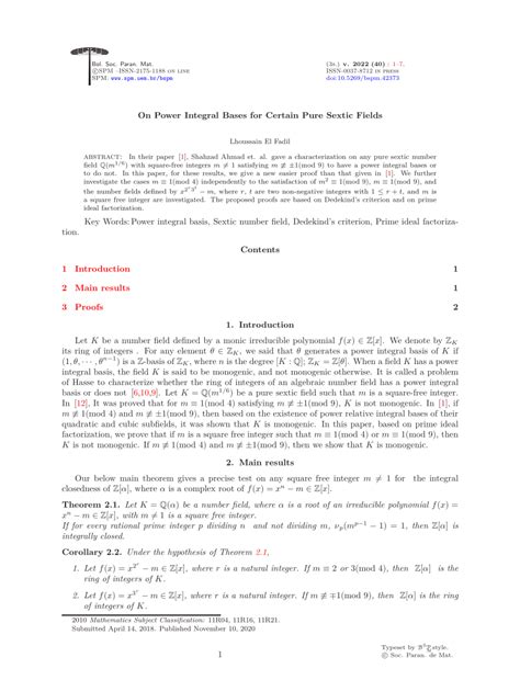 Pdf On Power Integral Bases For Certain Pure Sextic Fields