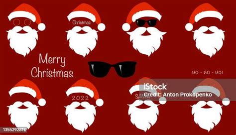 빨간 모자를 쓴 산타클로스와 흰색 콧수염과 수염이 있는 선글라스 크리스마스 산타 마스크 새해 세트 벡터 그림 격리 산타 클로스에 대한 스톡 벡터 아트 및 기타 이미지