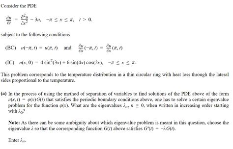 Solved Consider The Pde ∂t∂u∂x2∂2u−3u−π≤x≤πt0 Subject
