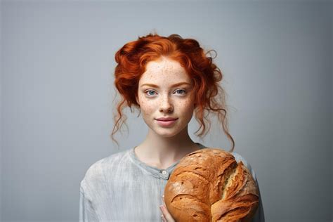 Premium Photo Young Pretty Redhead Girl Over Isolated Grey Background Holding Bread