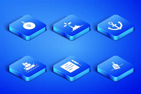 물 폭탄 폭발 준비 깃털 펜과 스크롤 배 열대 섬 바다 및 앵커 아이콘에 메시지가 담긴 병을 설정합니다 벡터 3차원 형태에 대한 스톡 벡터 아트 및 기타 이미지 Istock