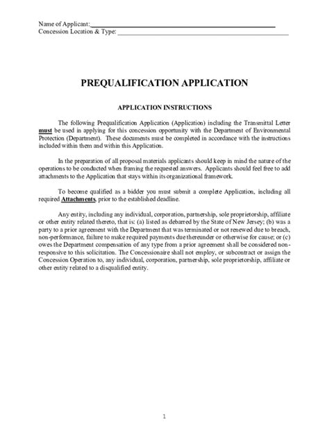 Fillable Online Prequalification Application For Concession Opportunity