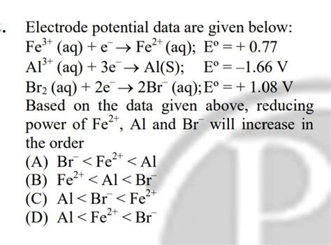 Electrode Potential Data Are Given Below Fe3aqe−→fe2aqeo077 A