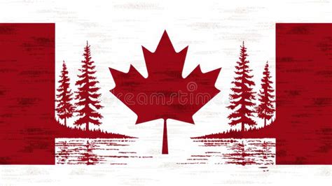 Canadian Flag With Maple Leaf And Evergreen Trees For National