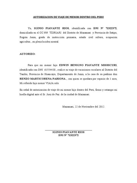 Autorizacion De Viaje De Menor Dentro Del Peru Pdf