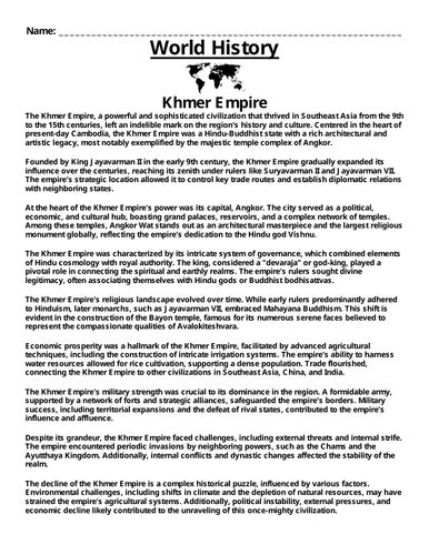 Khmer Empire “article And Questions” Assignment Teaching Resources