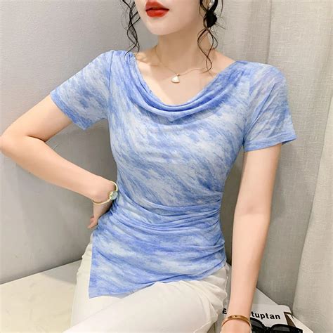 6624 여름 여성 슬래시 넥 반팔 티셔츠 블루 메쉬 티셔츠 섹시 타이트 불규칙 티셔츠 여성 슬래시 넥 오피스