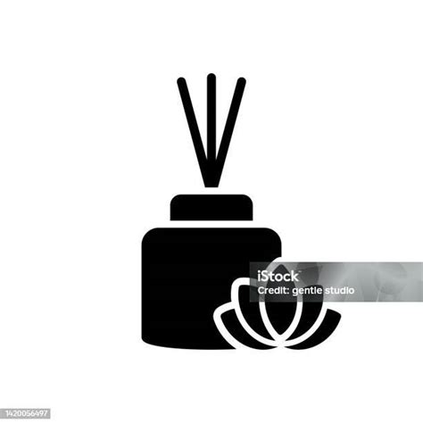 향기로운 갈대 디퓨저 오일 실루엣 아이콘입니다 아로마 테라피 픽토그램 아로마와 향기 요법은 유리 블랙 아이콘에 스틱 격리된 벡터 일러스트 레이 션 디퓨저 헤어드라이어에 대한