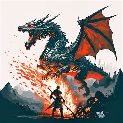 Fantasy Dragon With A Spear In The Fire Vector Illustration Stock