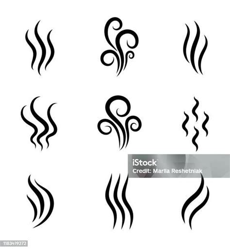 아로마 냄새 기화 아이콘 윤곽 심볼 연기 요리 증기 냄새 불꽃의 연기 뜨거운 향기 냄새 표지판 세트 고립 된 악취의 물결 벡터 추상 일러스트레이션 아이콘에 대한 스톡 벡터