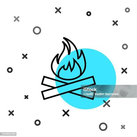 흰색 배경에 격리 된 검은 줄 캠프 파이어 아이콘 나무와 불타는 모닥불 임의동적 모양 벡터 일러스트레이션 가연성에 대한 스톡