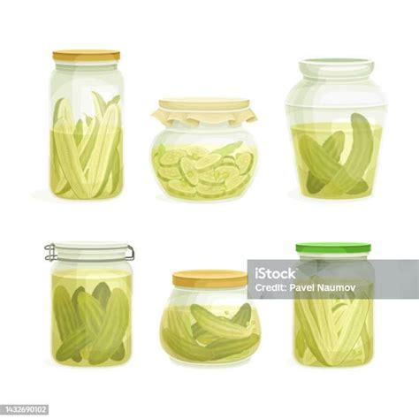 통조림 전체 절인 오이 또는 Gherkin은 유리 항아리 벡터 세트에 소금물로 보존되었습니다 건강한 식생활에 대한 스톡 벡터 아트 및 기타 이미지 Istock