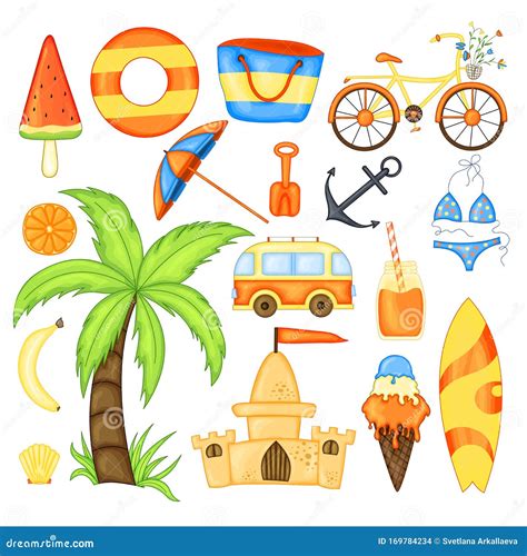 Set Of Summer Items For Vacation Summer Cartoon Collection In Vector